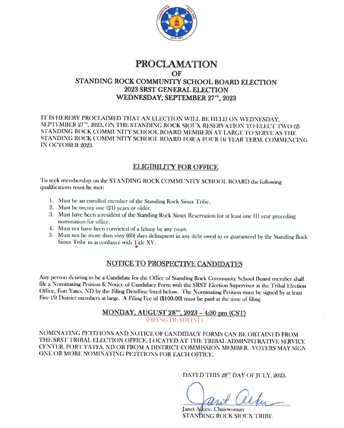 PROCLAMATION OF STANDING ROCK COMMUNITY SCHOOL BOARD ELECTION 2023 SRST ...