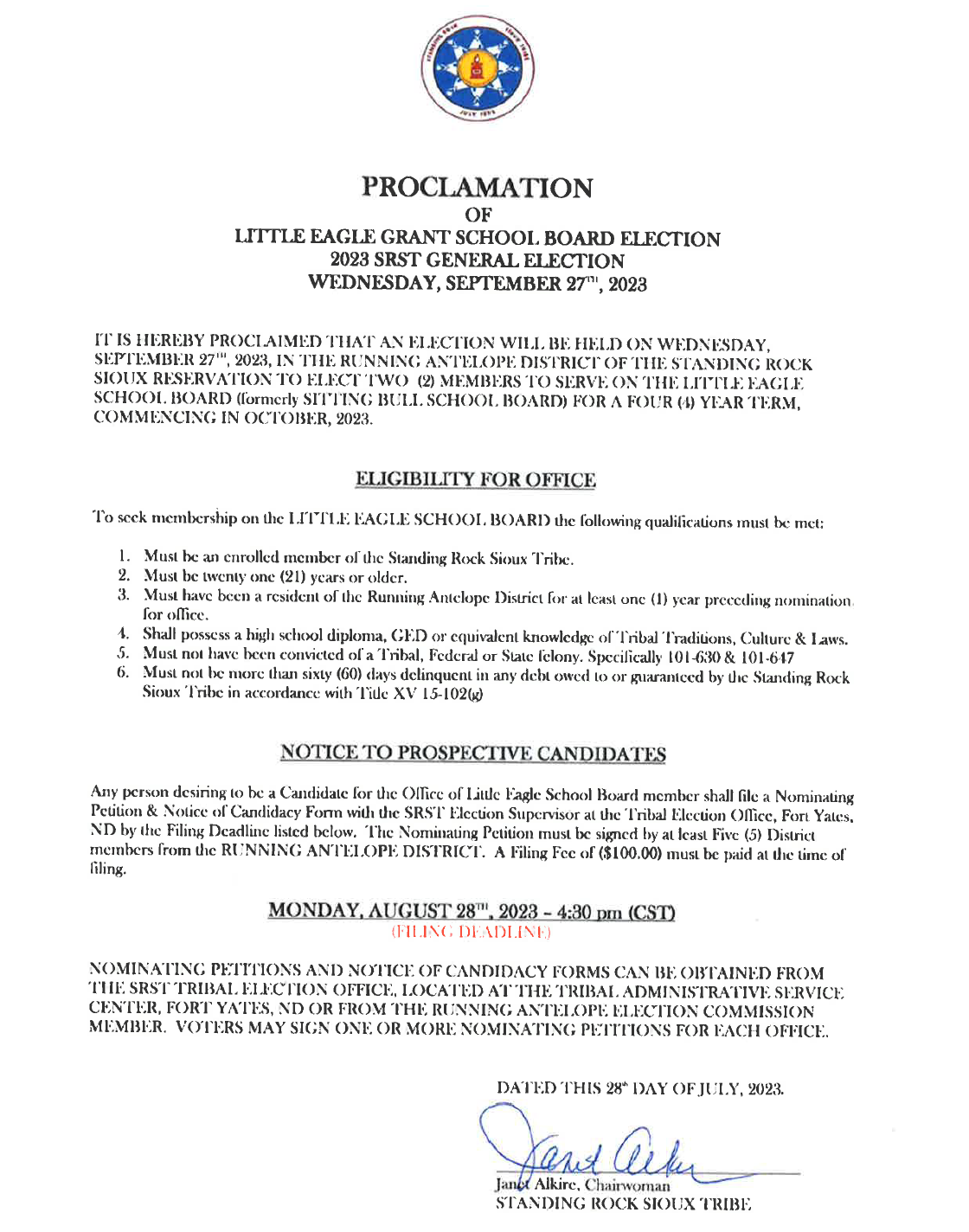 PROCLAMATION OF LITTLE EAGLE GRANT SCHOOL BOARD ELECTION 2023 SRST ...